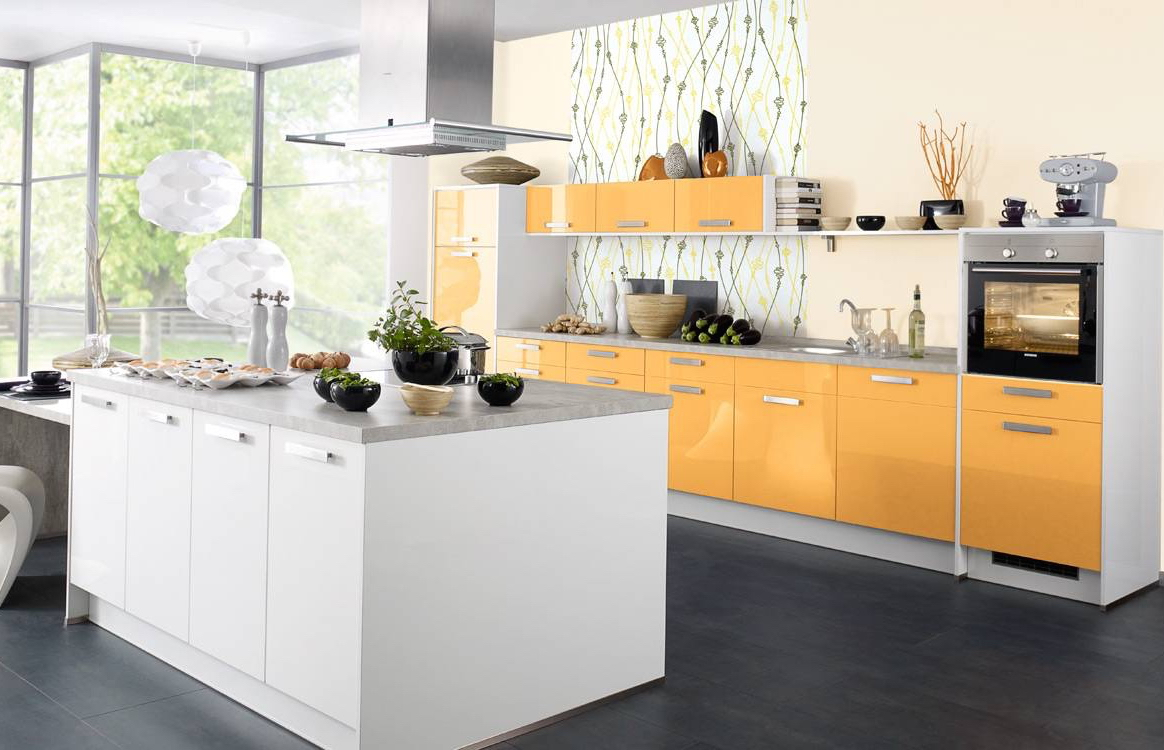 Kuchyně Luna Nova bílá vysoký lesk a Papaya | Kuchyně Gorenje